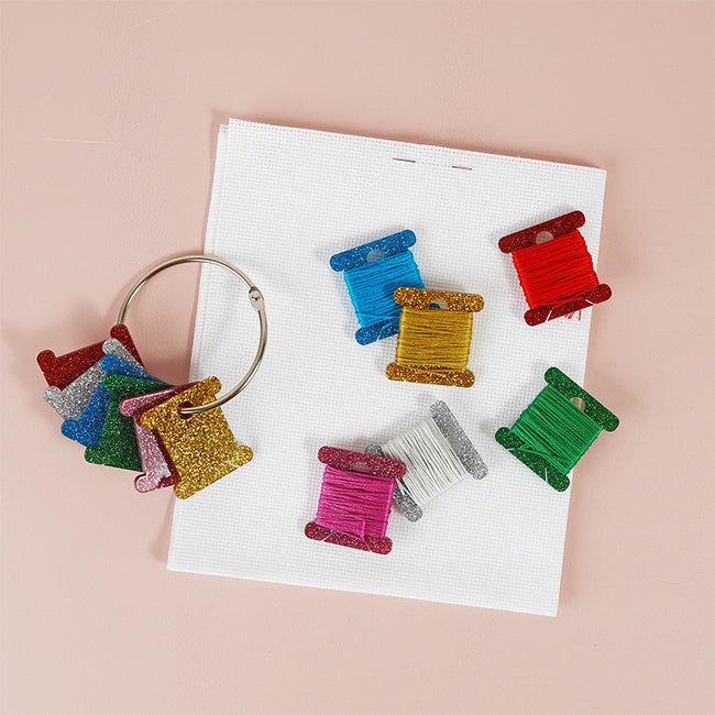 Glitter Acrylic Bobbins and Metal Ring Set | Caterpillar Cross Stitch